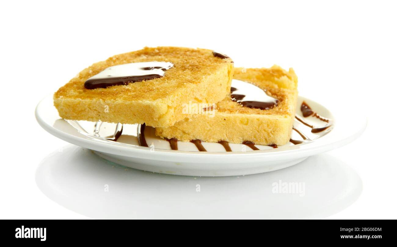 White bread toast with chocolate on plate, isolated on white Stock ...