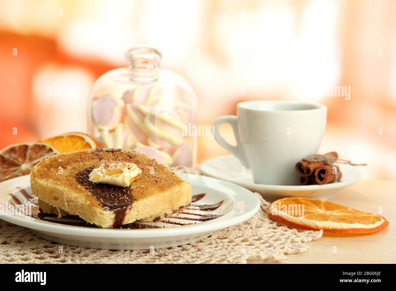 White bread toast with chocolate and cup of coffee in cafe Stock Photo ...