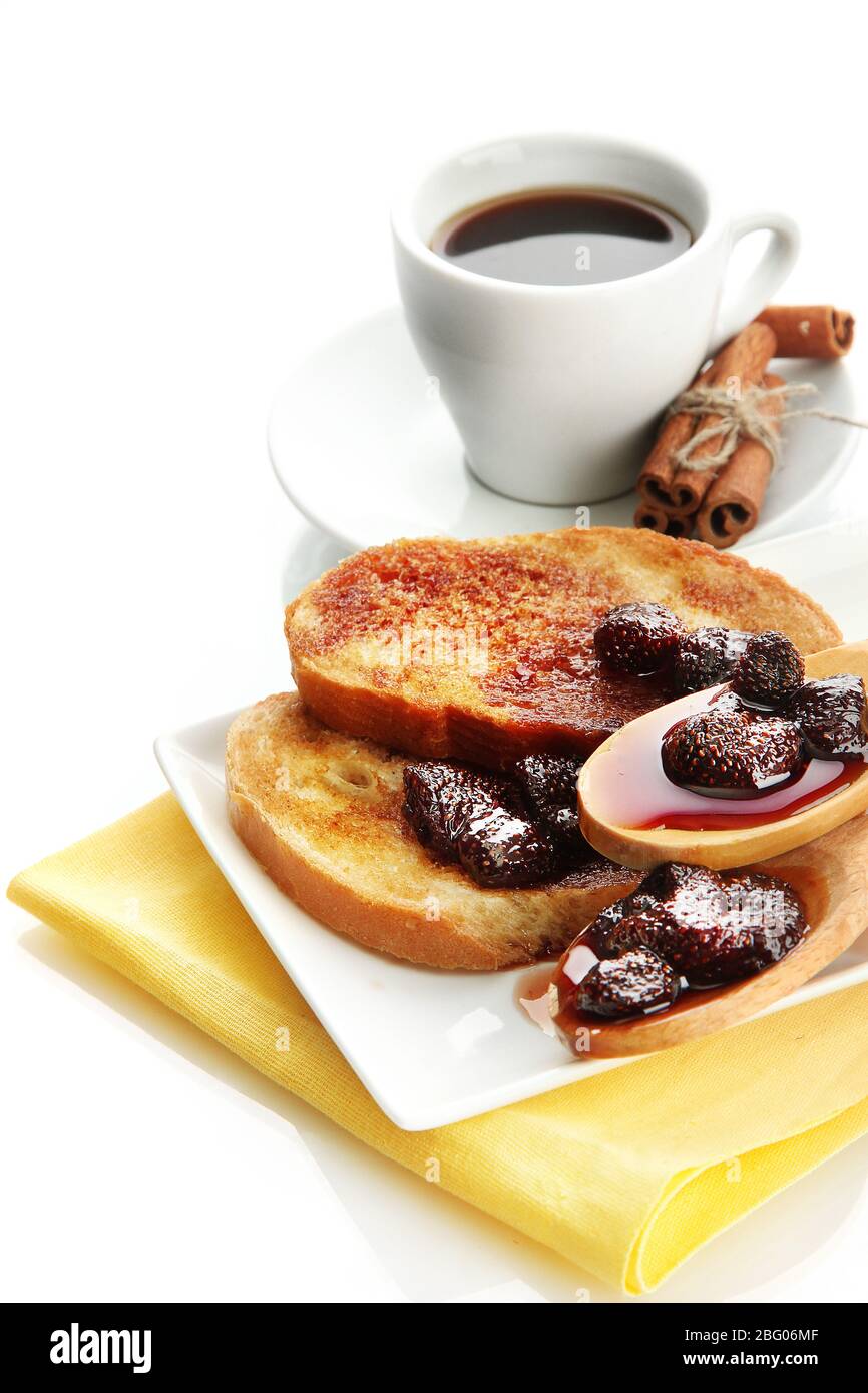 White bread toast with jam and cup of coffee, isolated on white Stock ...