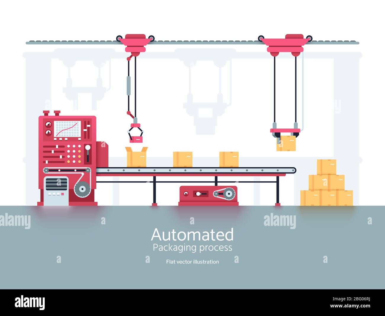 Industrial packaging machine with conveyor production line vector ...