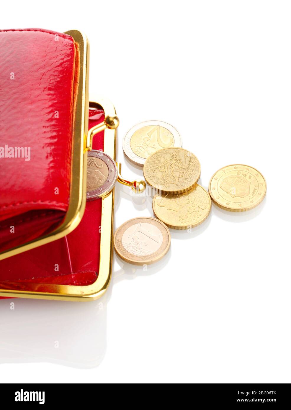 female red wallet with coins isolated on white Stock Photo - Alamy