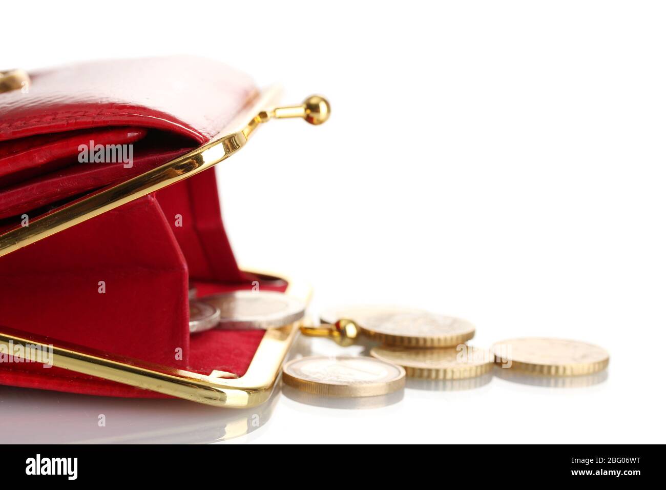 female red wallet with coins isolated on white Stock Photo - Alamy