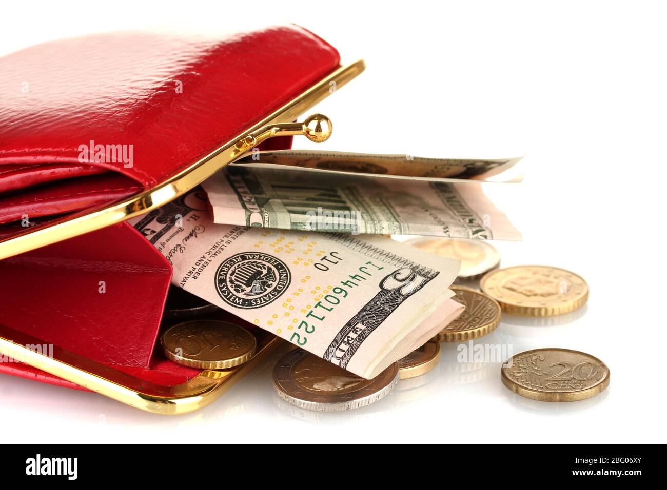 female red wallet with money isolated on white Stock Photo - Alamy