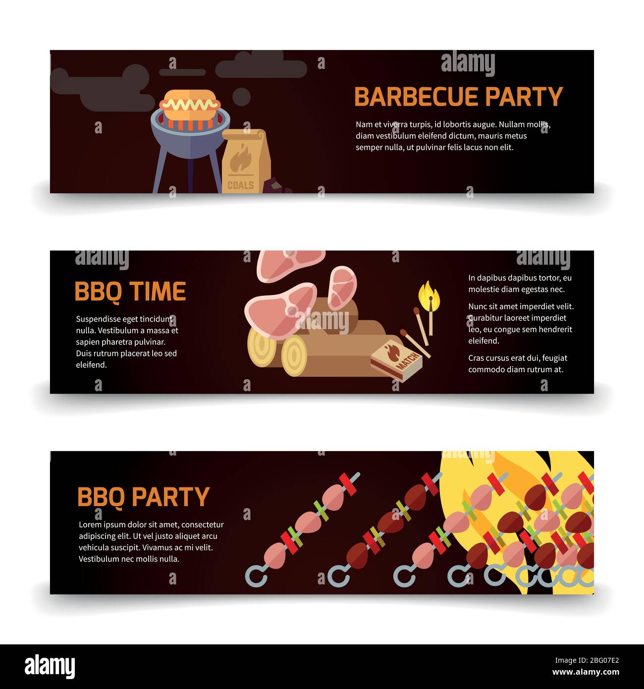 BBQ and steak horizontal banners template. Meat, coal, firewood and ...