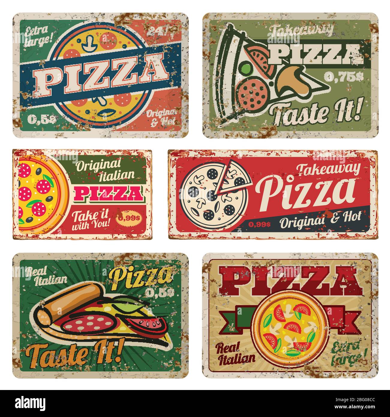 Vintage pizza metal signs with grunge texture vector set. Retro food ...