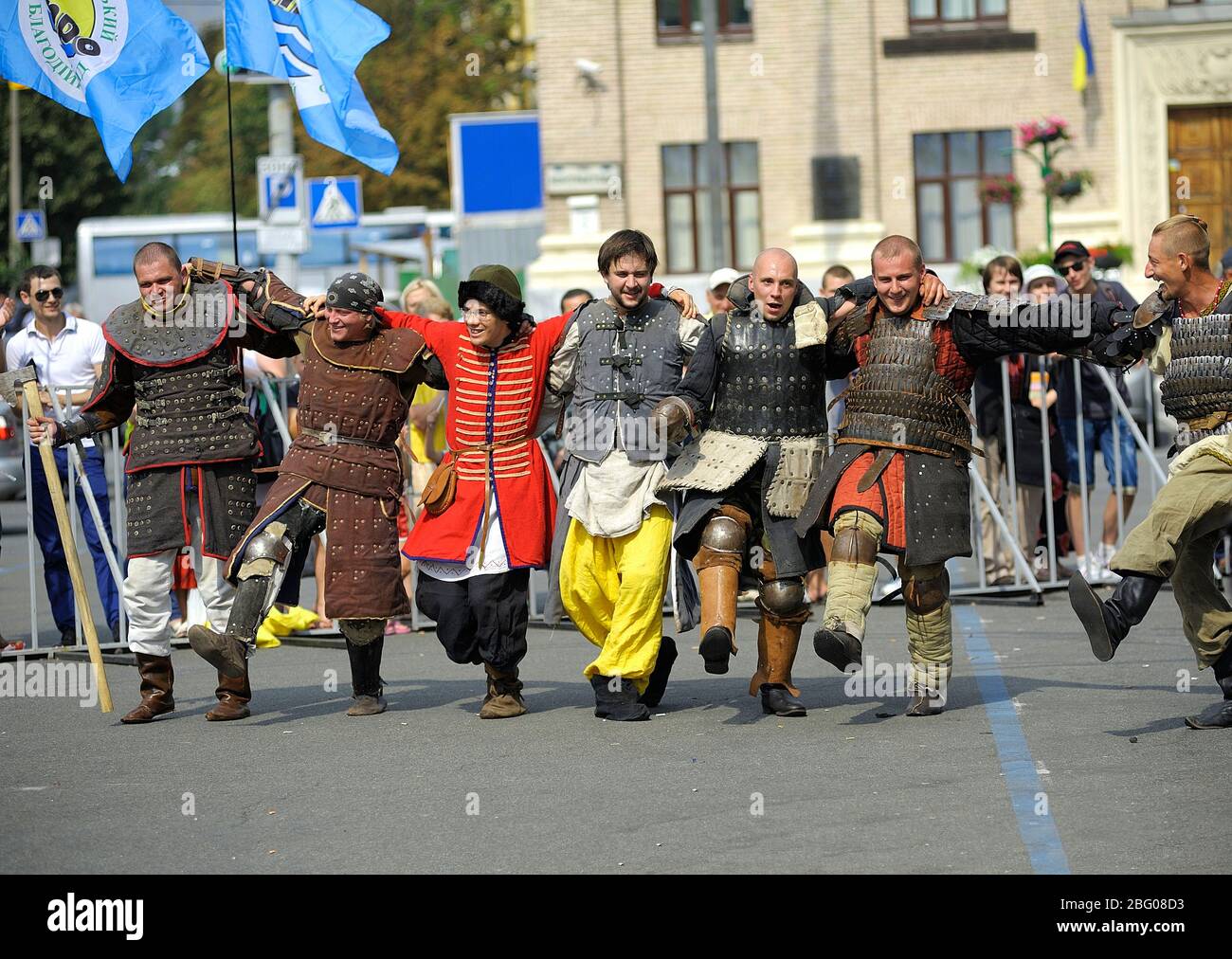 Reenactors dressed in armor of an Old Russian footmen dancing after ...