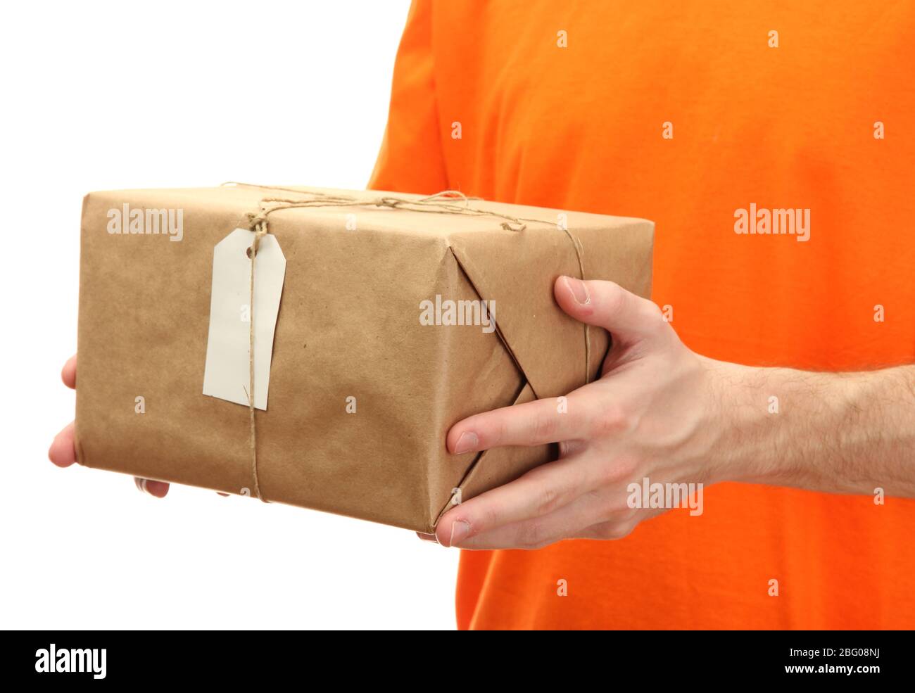 courier with parcel box, isolated on white Stock Photo - Alamy
