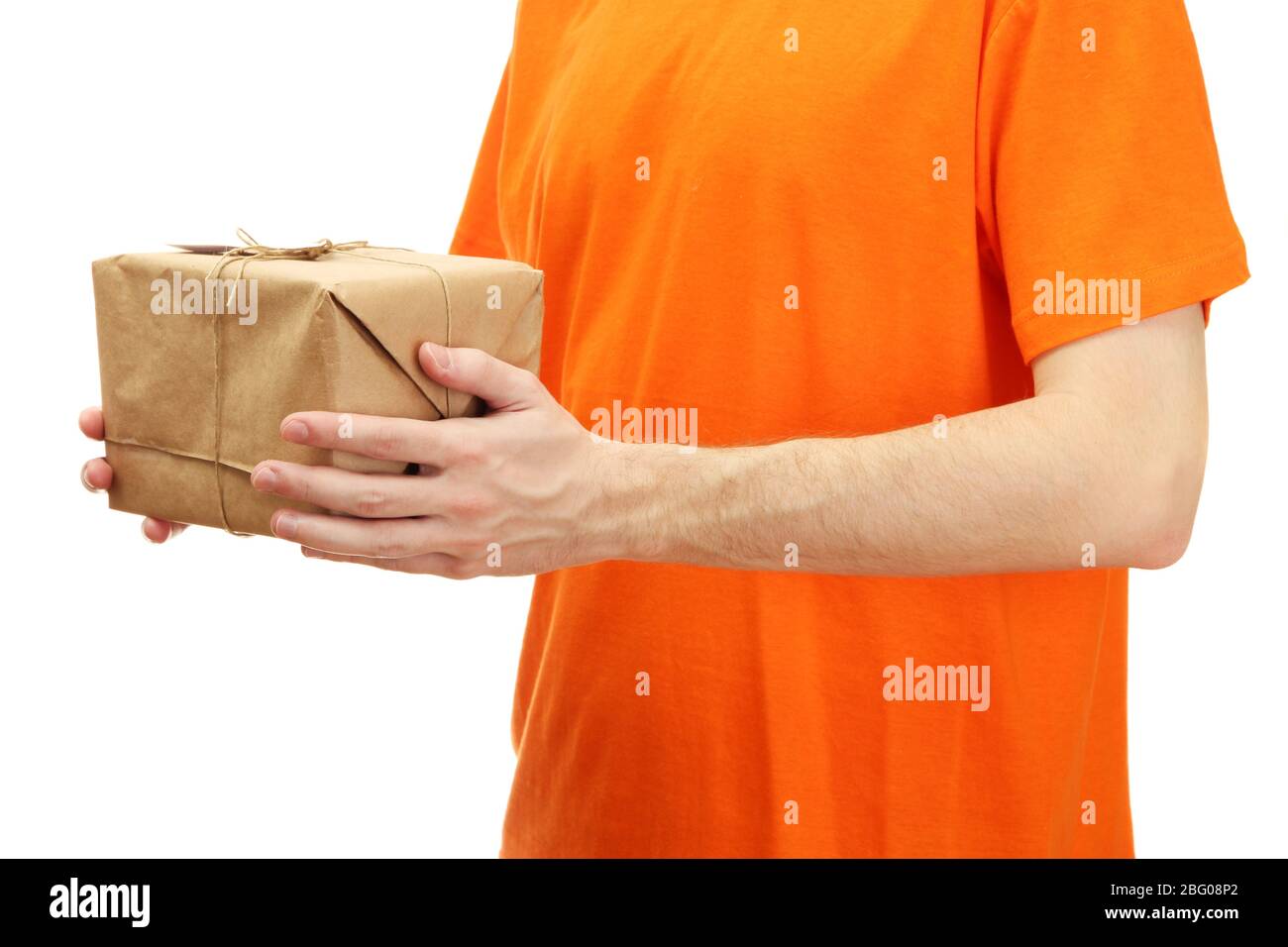 courier with parcel box, isolated on white Stock Photo - Alamy