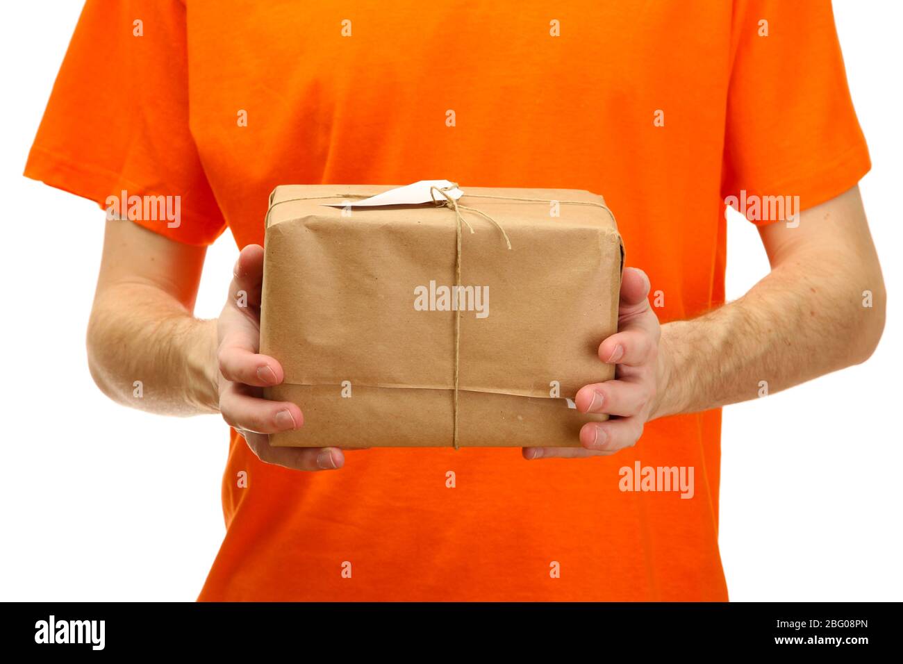 courier with parcel box, isolated on white Stock Photo - Alamy