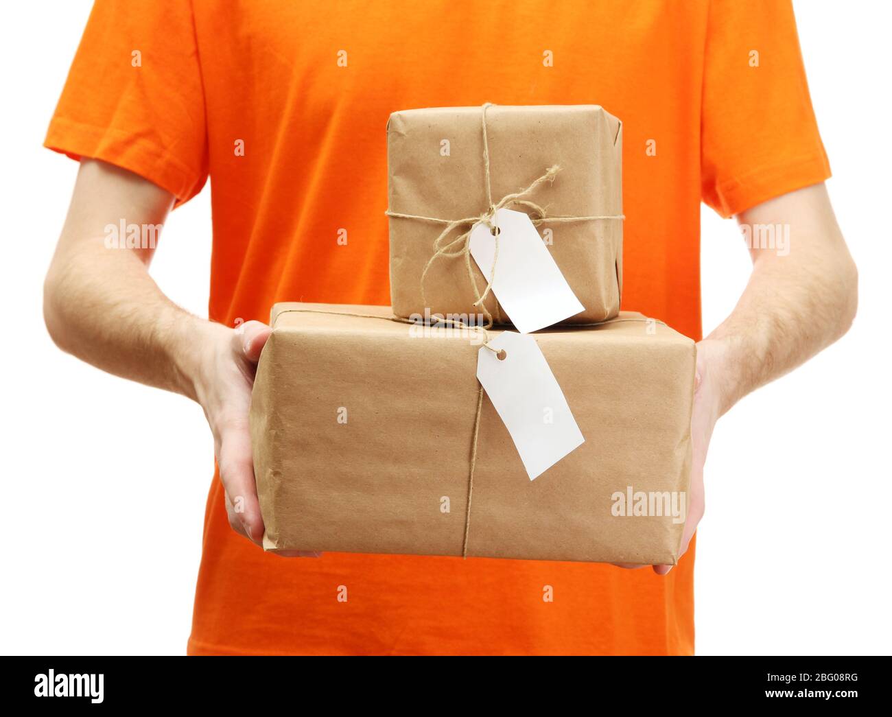 courier with parcel boxes, isolated on white Stock Photo - Alamy