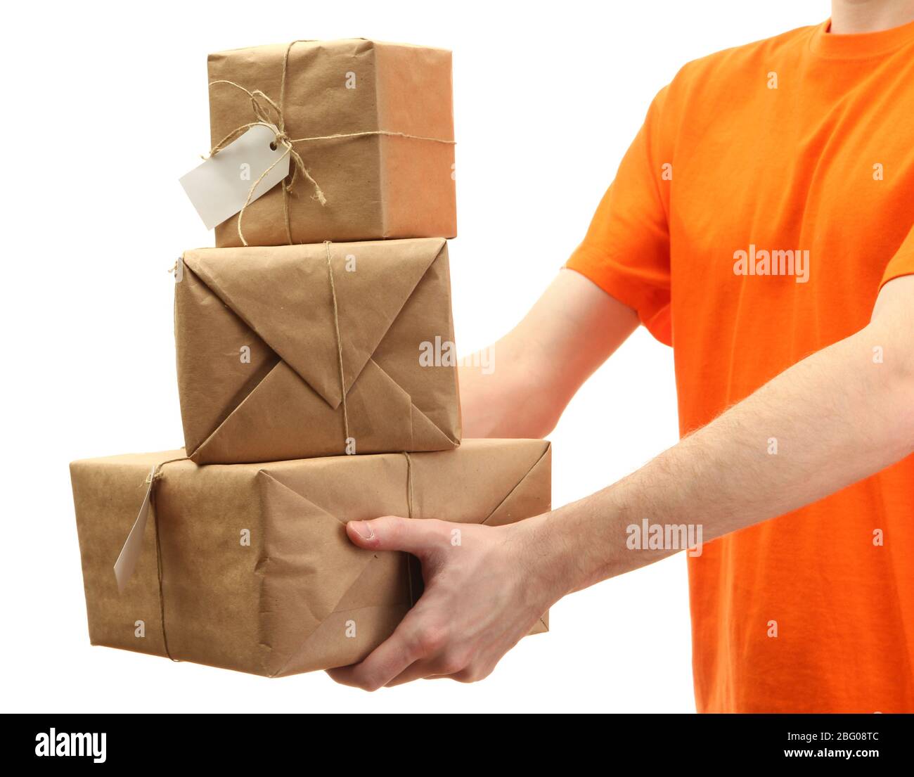 courier with parcel boxes, isolated on white Stock Photo - Alamy