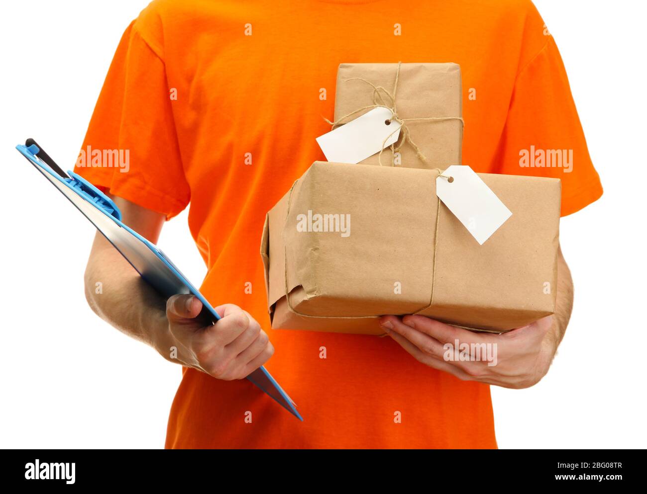 courier with parcel boxes, isolated on white Stock Photo - Alamy