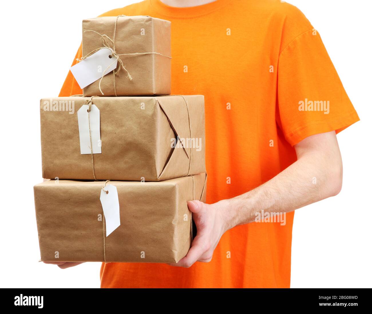 courier with parcel boxes, isolated on white Stock Photo - Alamy