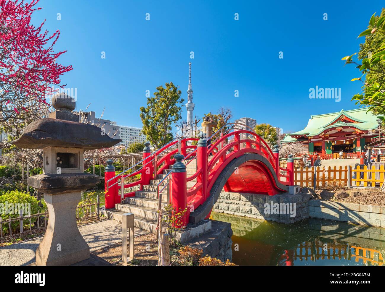 tokyo, japan - march 08 2020: Japanese stone lantern and red Taiko arch ...