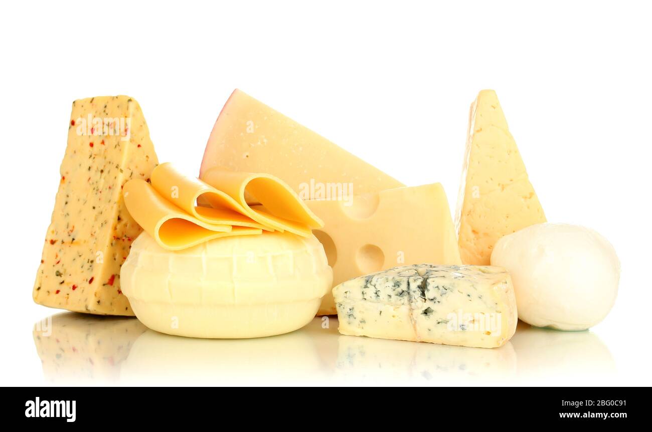 Various types of cheese isolated on white Stock Photo - Alamy
