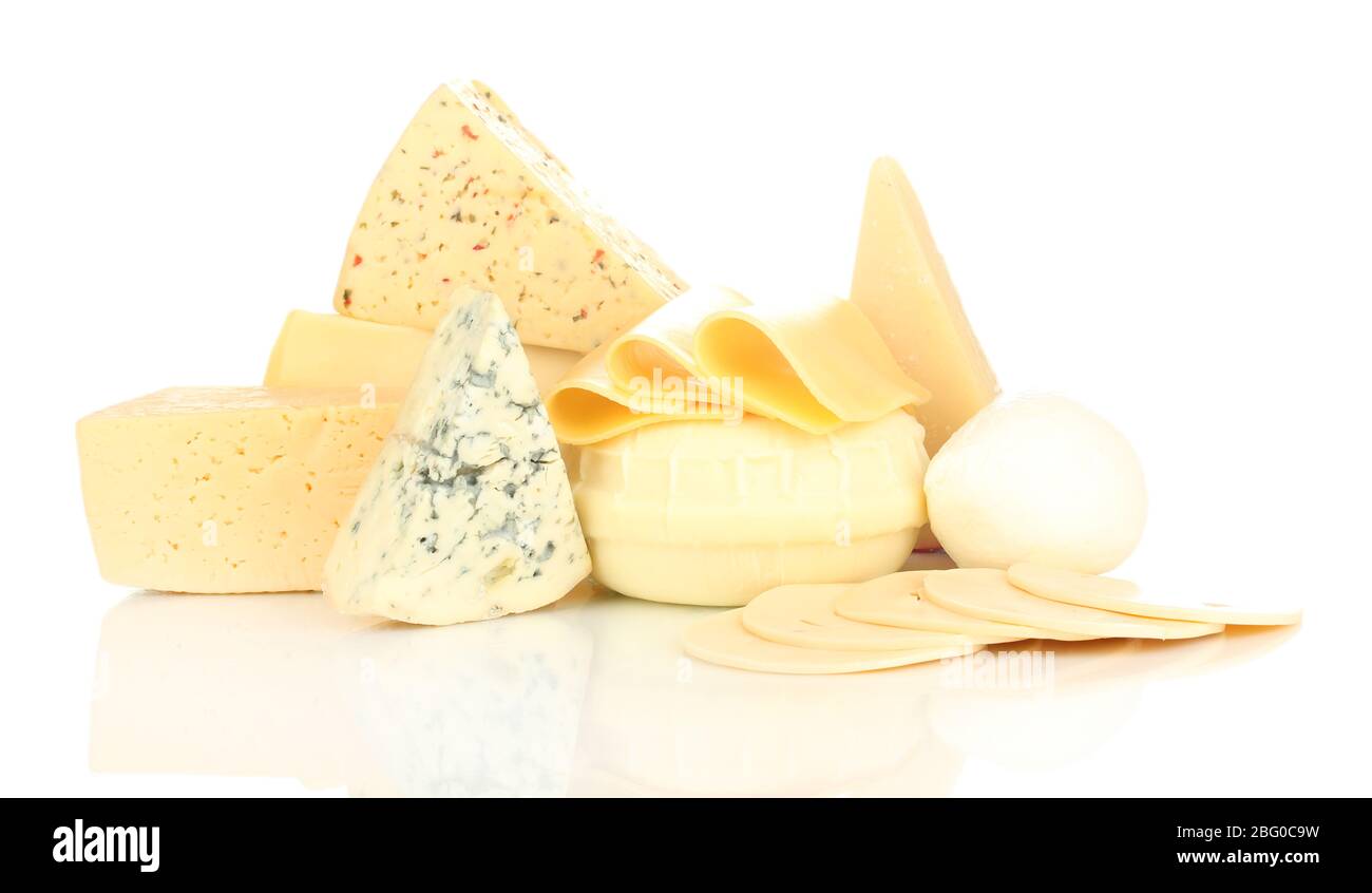 Various types of cheese isolated on white Stock Photo - Alamy