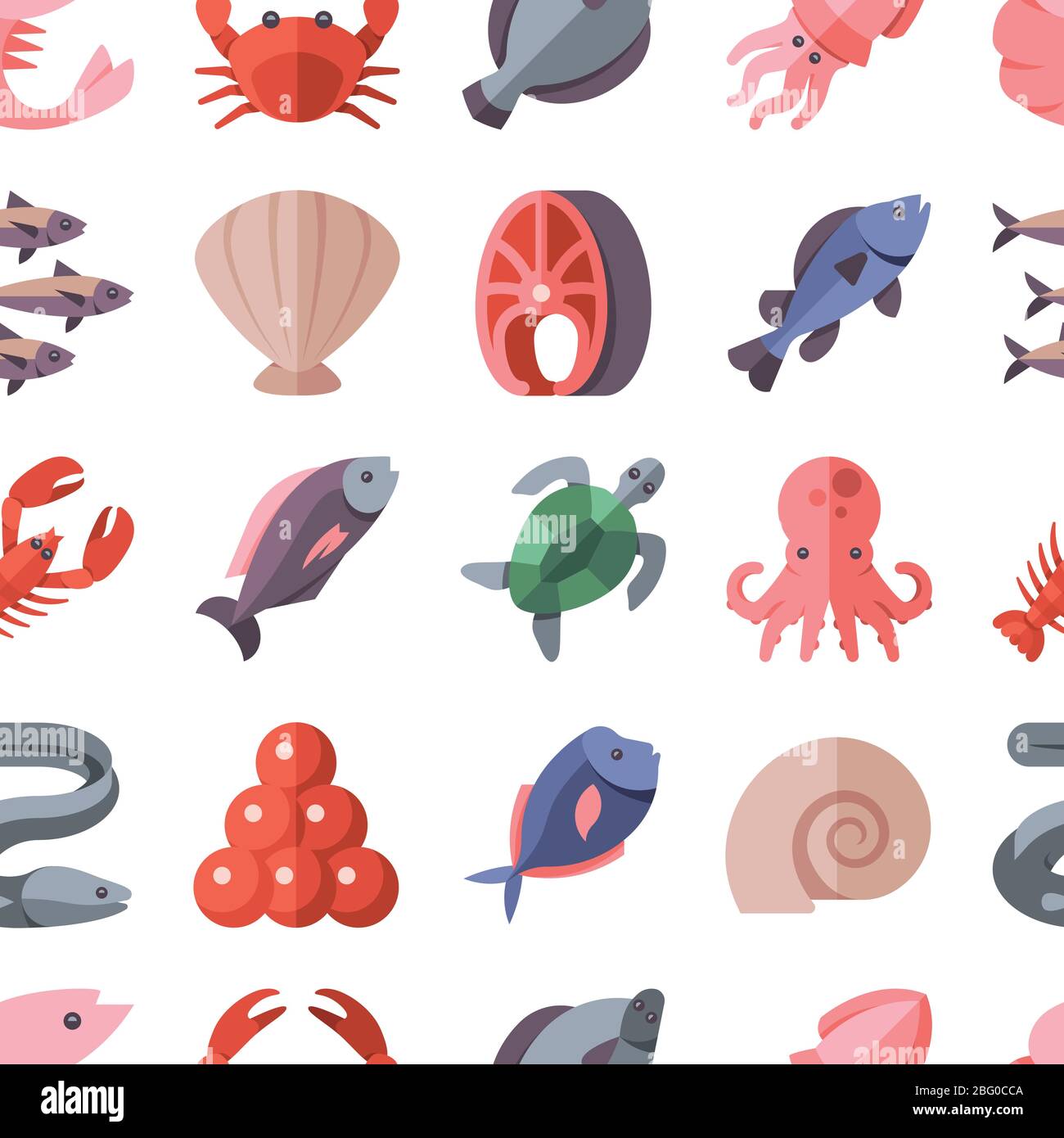 Seafood delicacies and cooking fish vector flat icons seamless ...