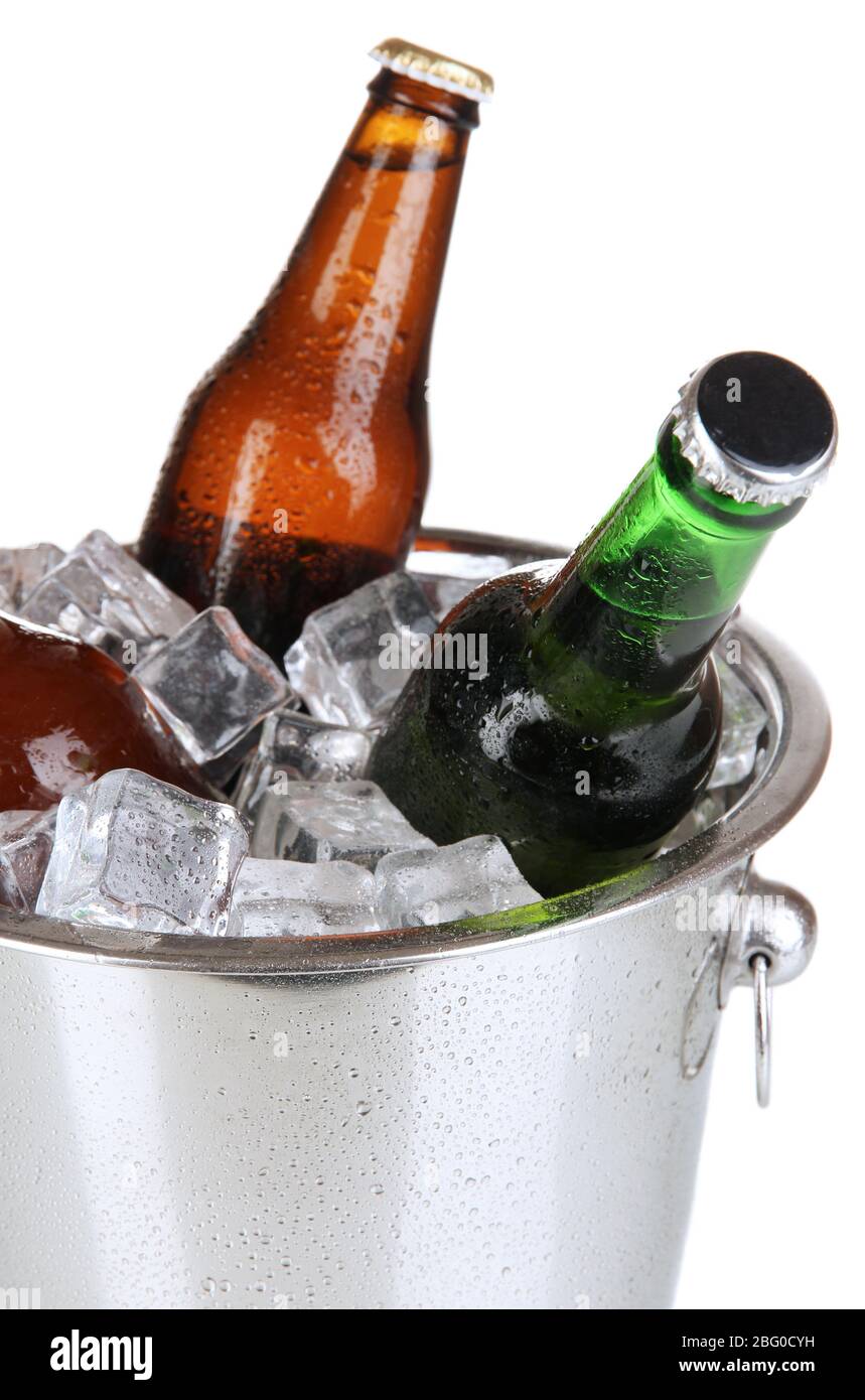 Beer bottles in ice bucket isolated on white Stock Photo - Alamy