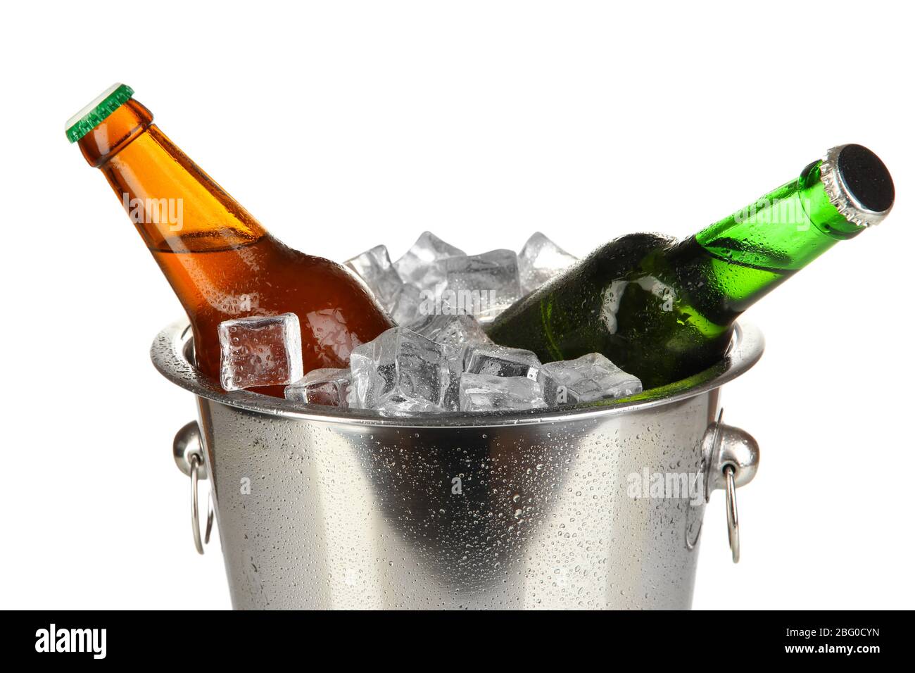 Beer bottles in ice bucket isolated on white Stock Photo - Alamy