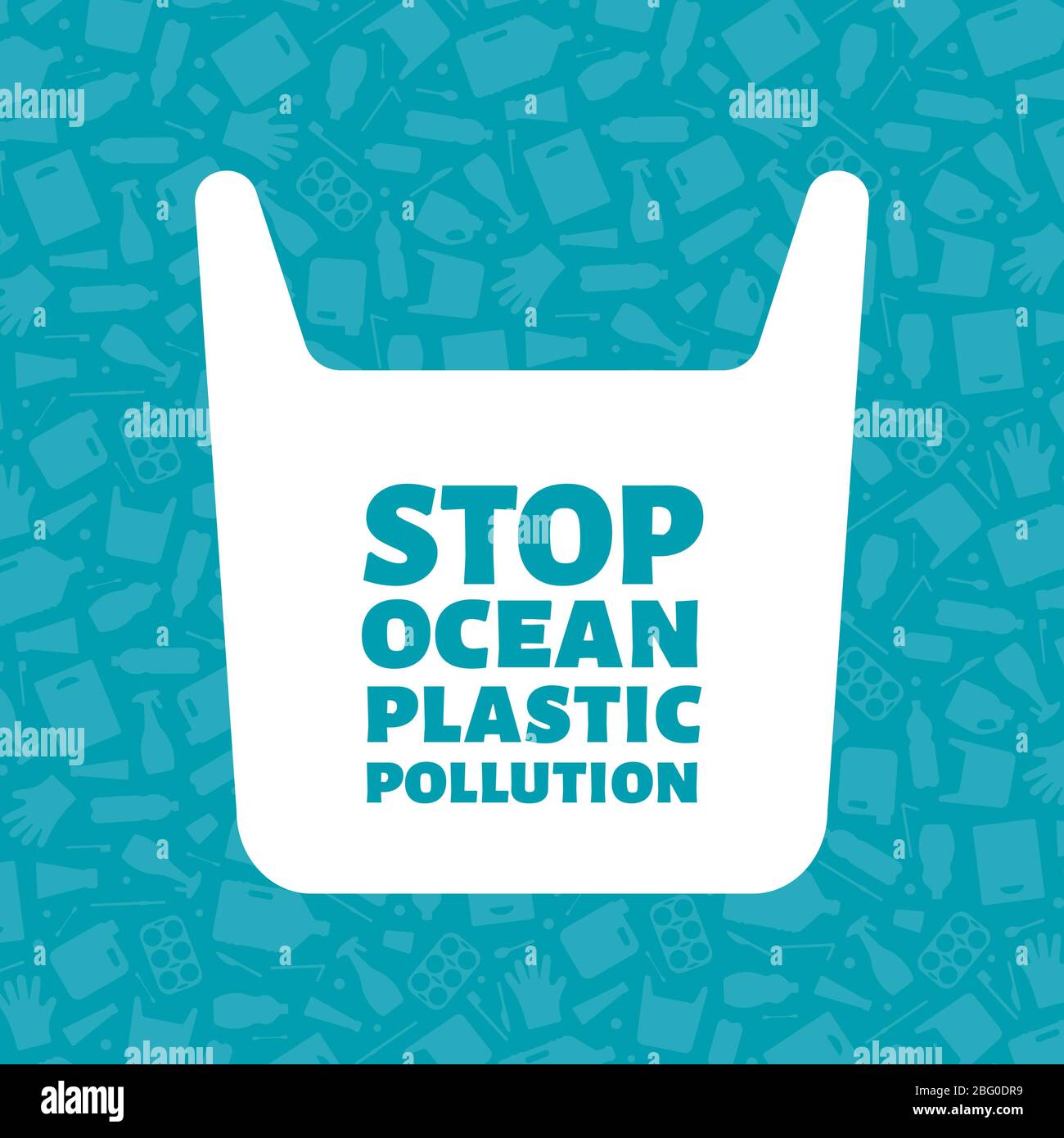 Stop ocean plastic pollution concept illustration. Single use plastic bag with sign on trash ...