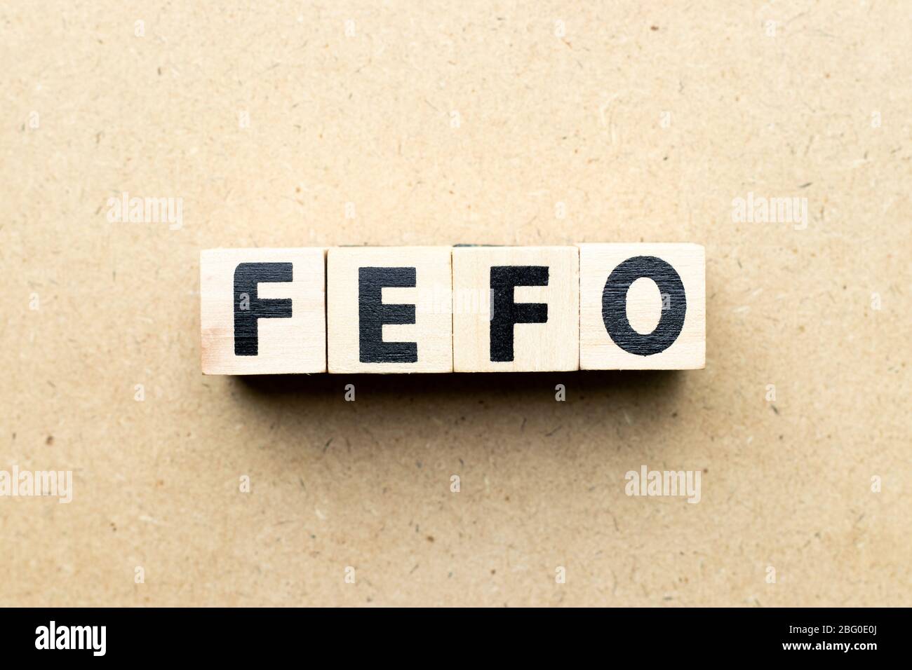 Alphabet letter block in word FEFO (abbreviation of first expired first ...