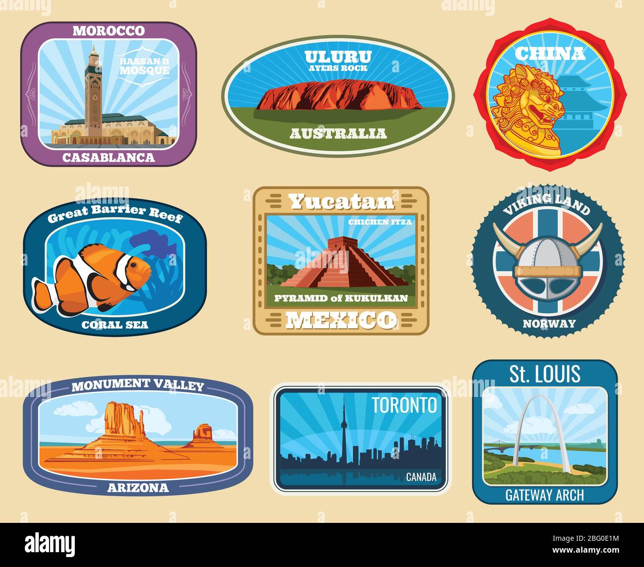Famous monuments and national landmarks retro vector travel labels ...