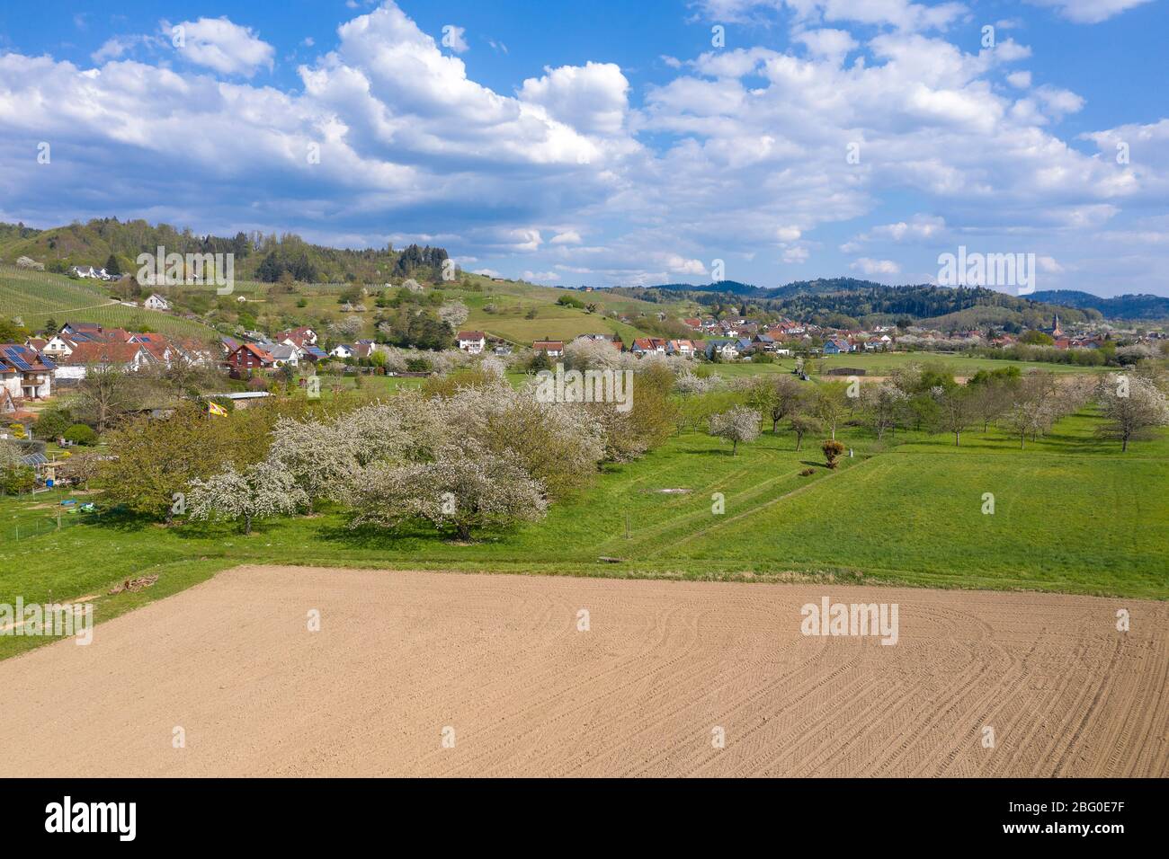 Aerial drone view, Landscape of the Kinzig valley with a view of ...