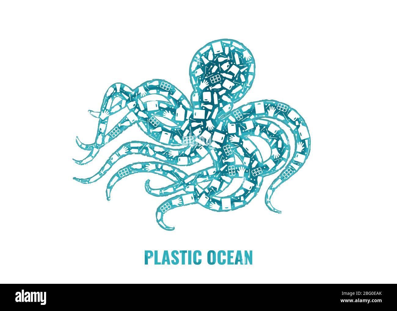 Plastic trash planet pollution concept illustration. Octopus marine ...