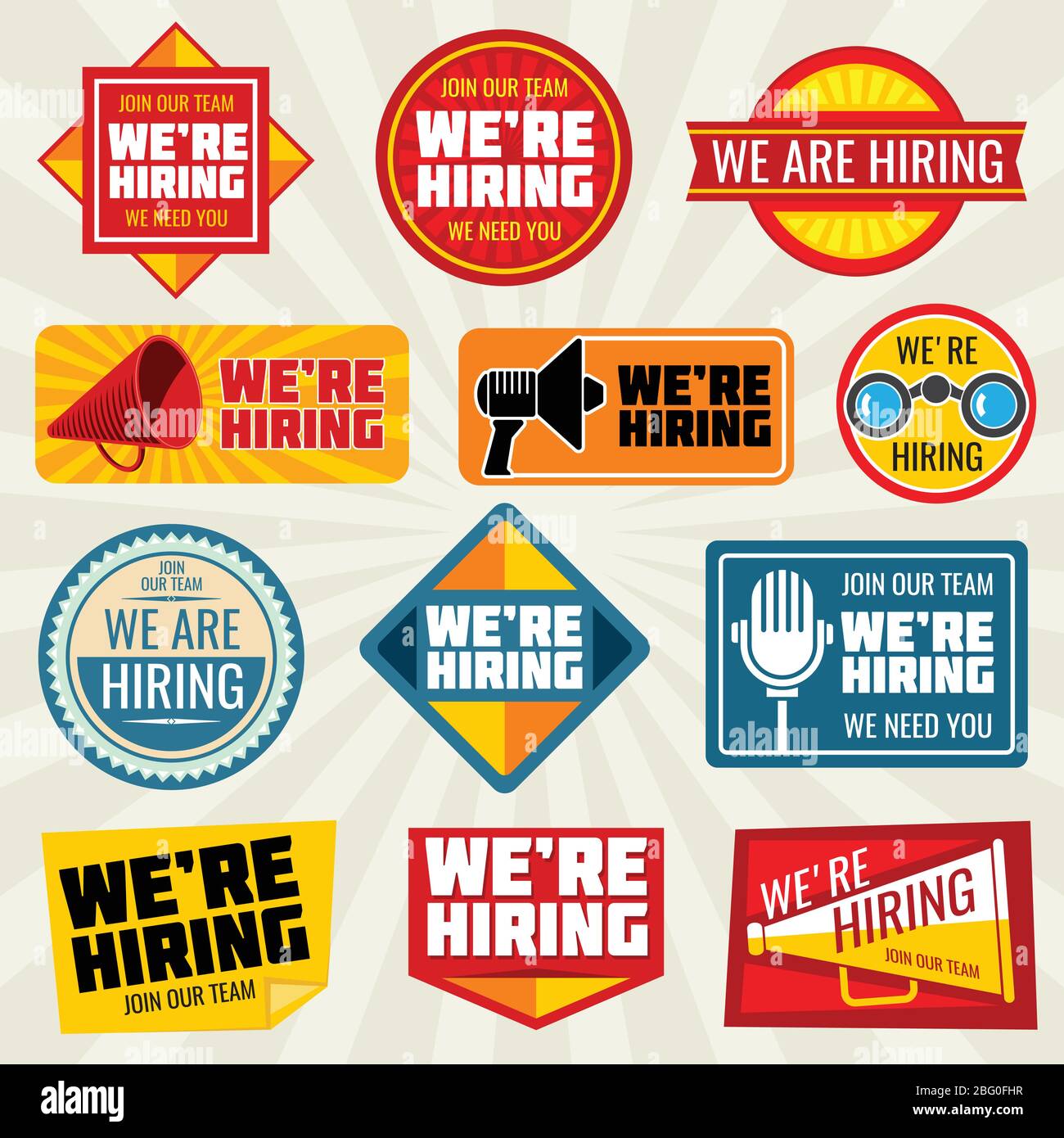 Now hiring employer, promotion at work vector badge and labels. We ...