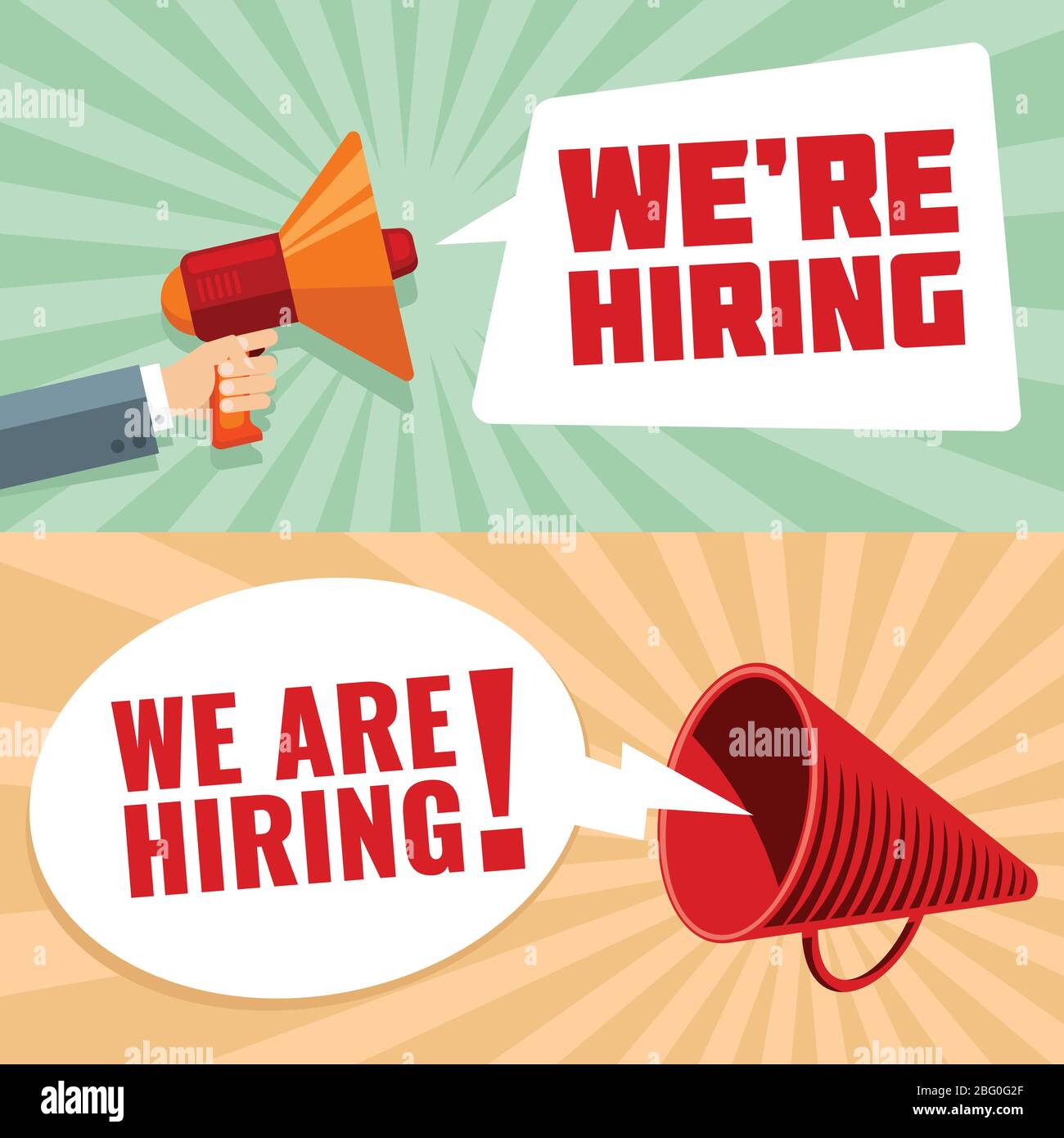 Businessman hand holding megaphone with were hiring text in bubble ...