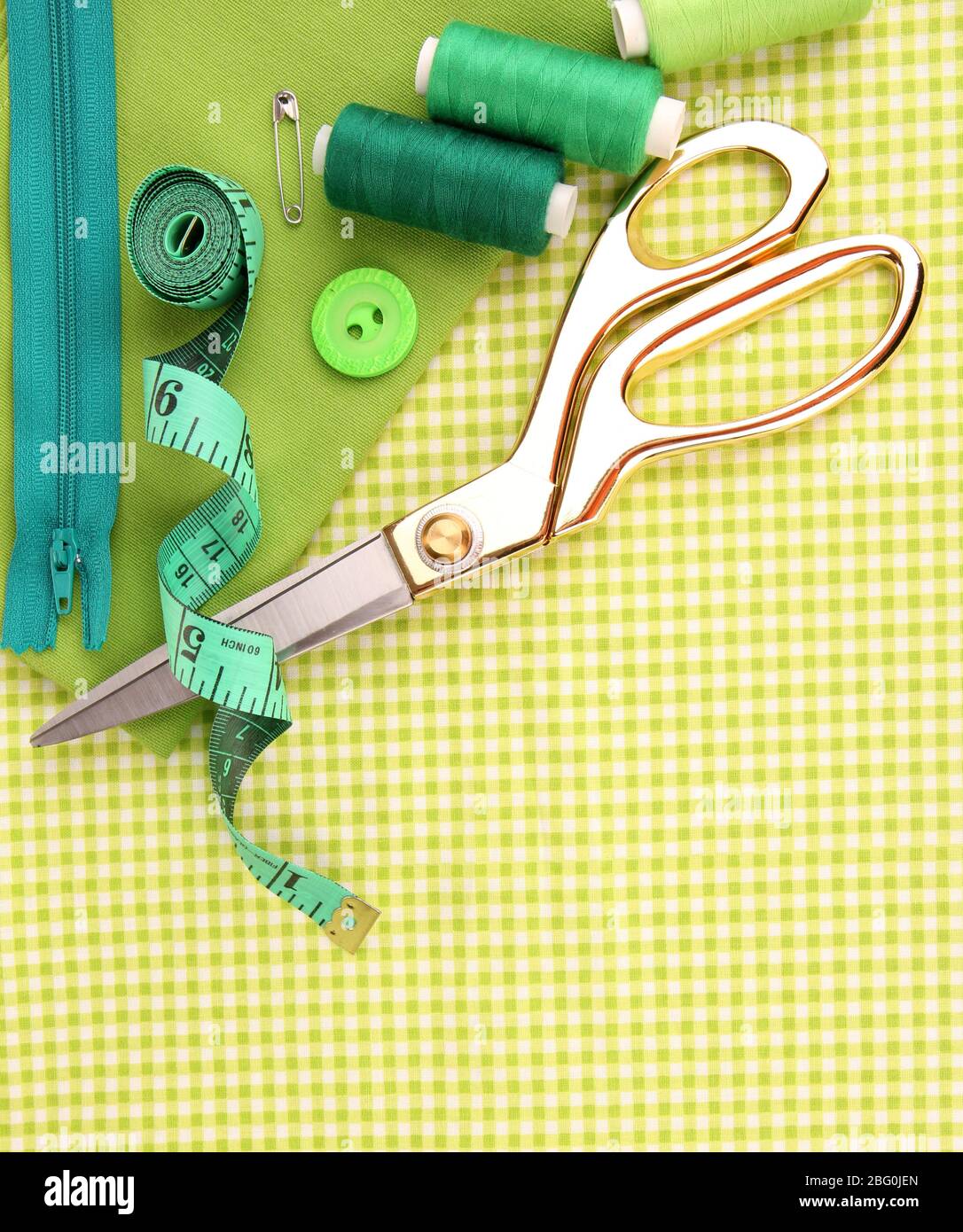 Sewing accessories and fabric close-up Stock Photo - Alamy
