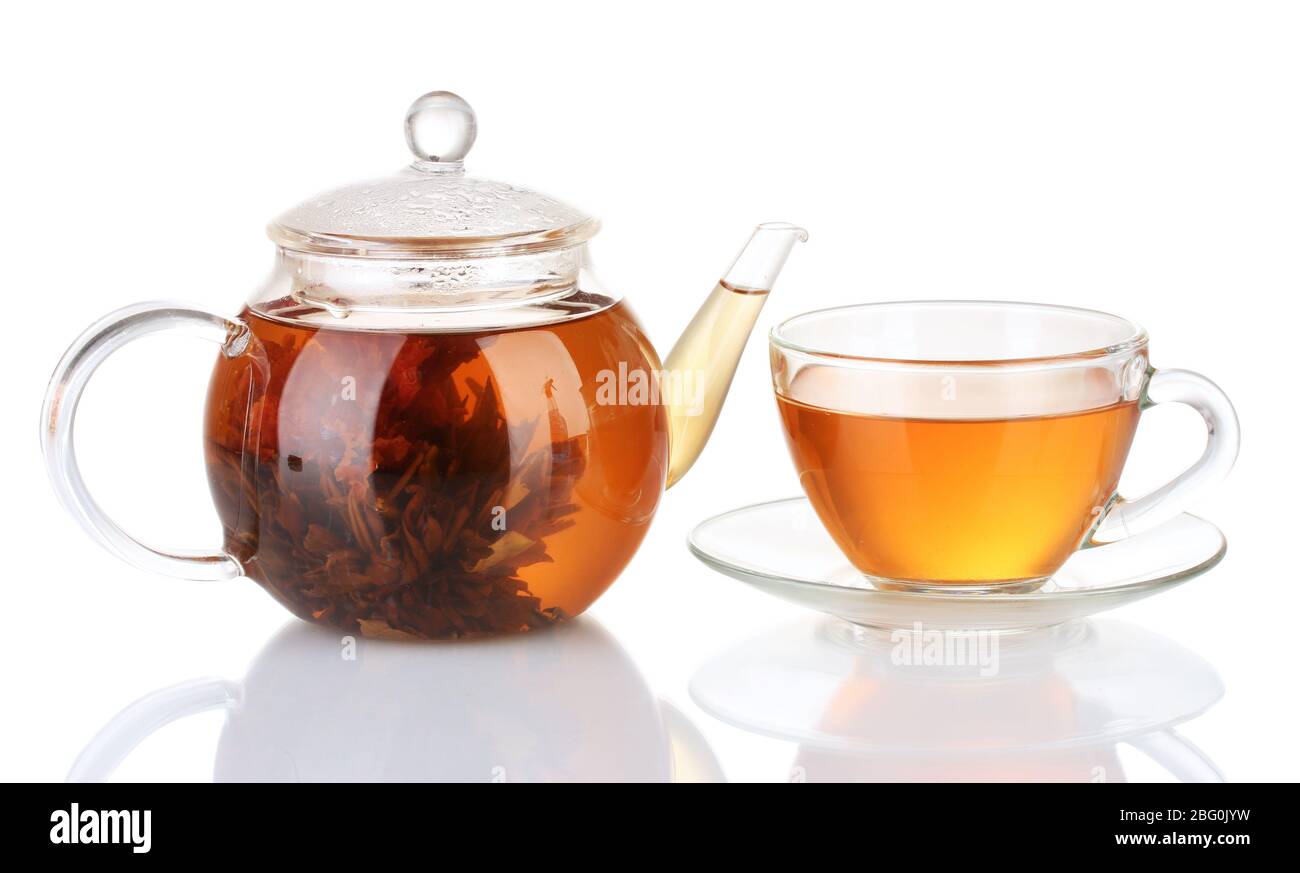 Exotic green tea with flowers in glass teapot isolated on white Stock ...