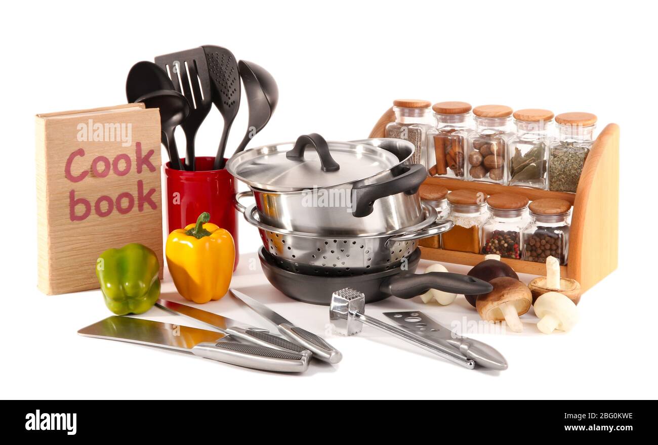 composition of kitchen tools,spices and vegetables isolated on white ...