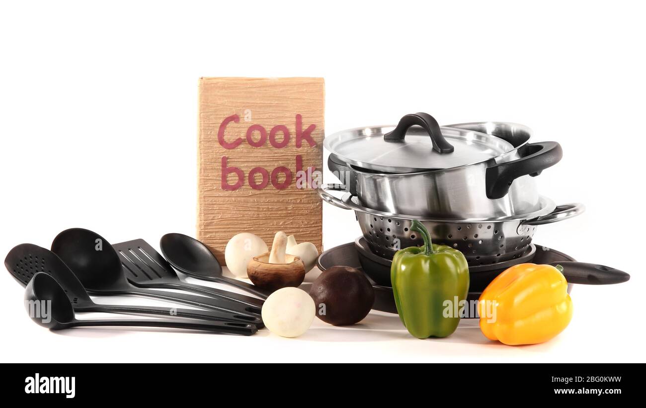 composition of kitchen tools and vegetables isolated on white Stock ...