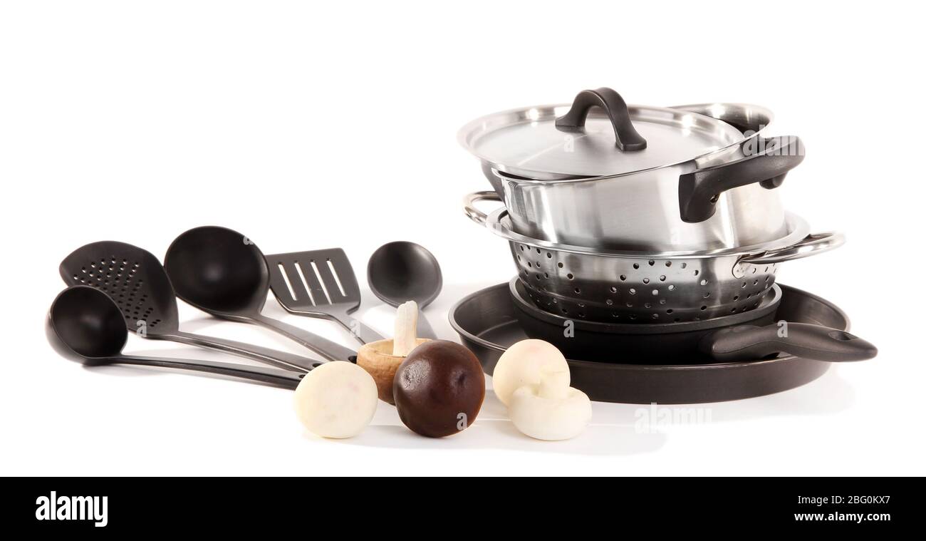composition of kitchen tools and mushrooms isolated on white Stock ...