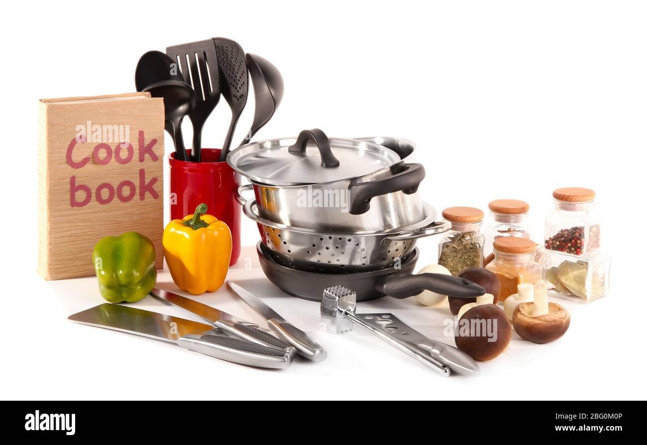 composition of kitchen tools,spices and vegetables isolated on white ...