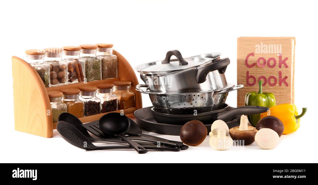 composition of kitchen tools,spices and vegetables isolated on white ...