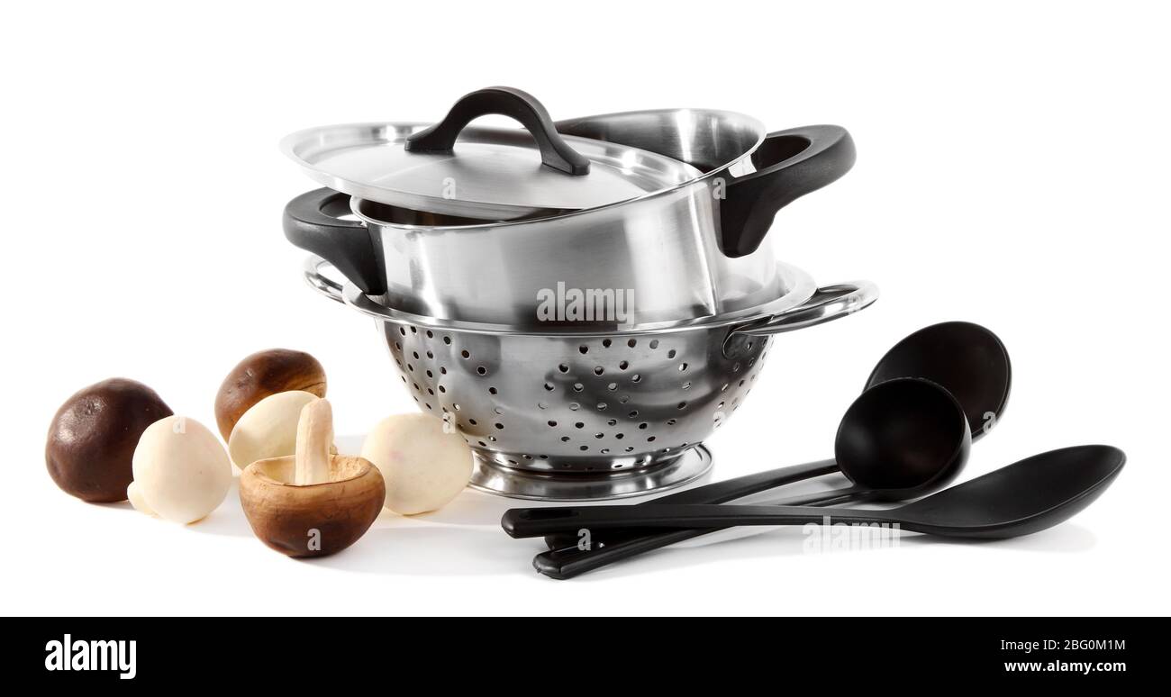 composition of kitchen tools and mushrooms isolated on white Stock ...