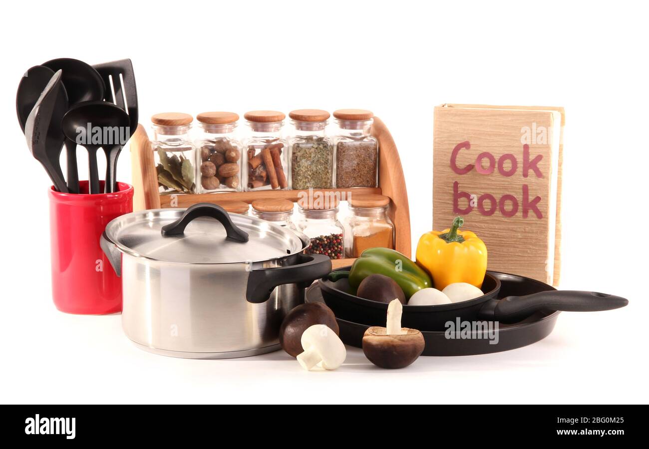 composition of kitchen tools,spices and vegetables isolated on white ...