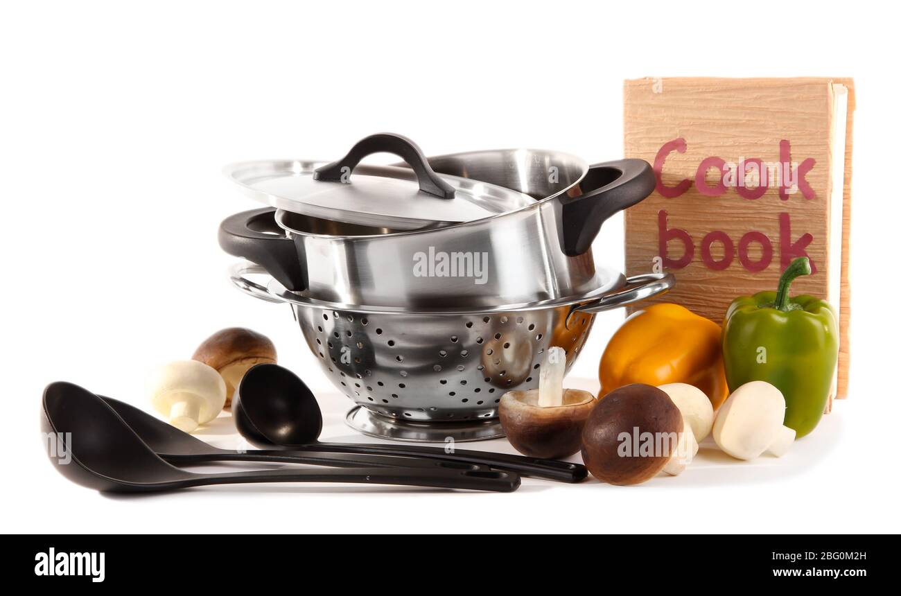 composition of kitchen tools and vegetables isolated on white Stock ...