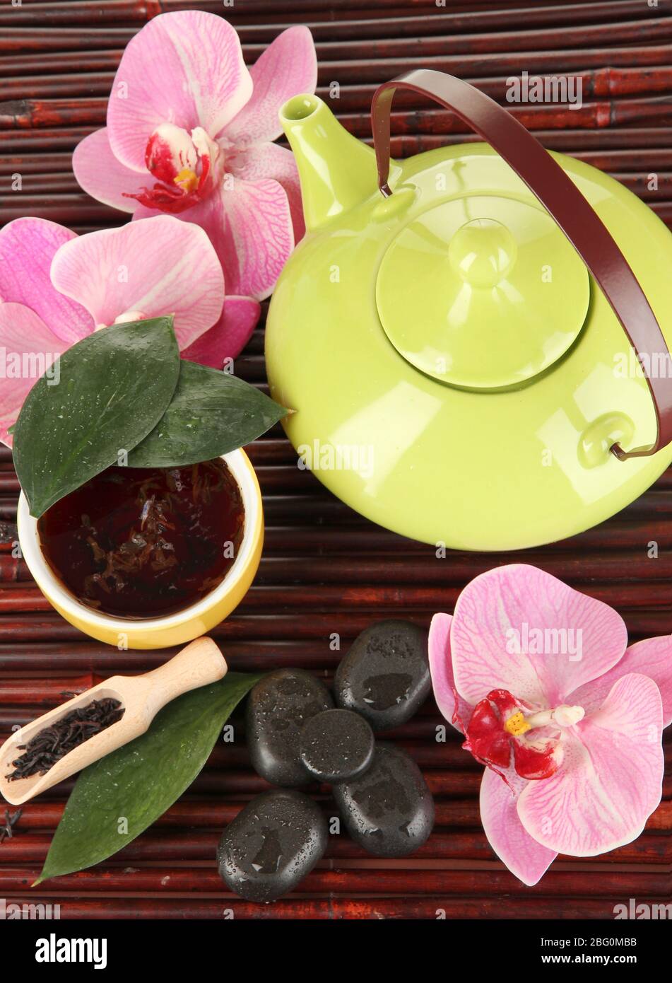 Chinese tea ceremony on bamboo table close-up Stock Photo - Alamy