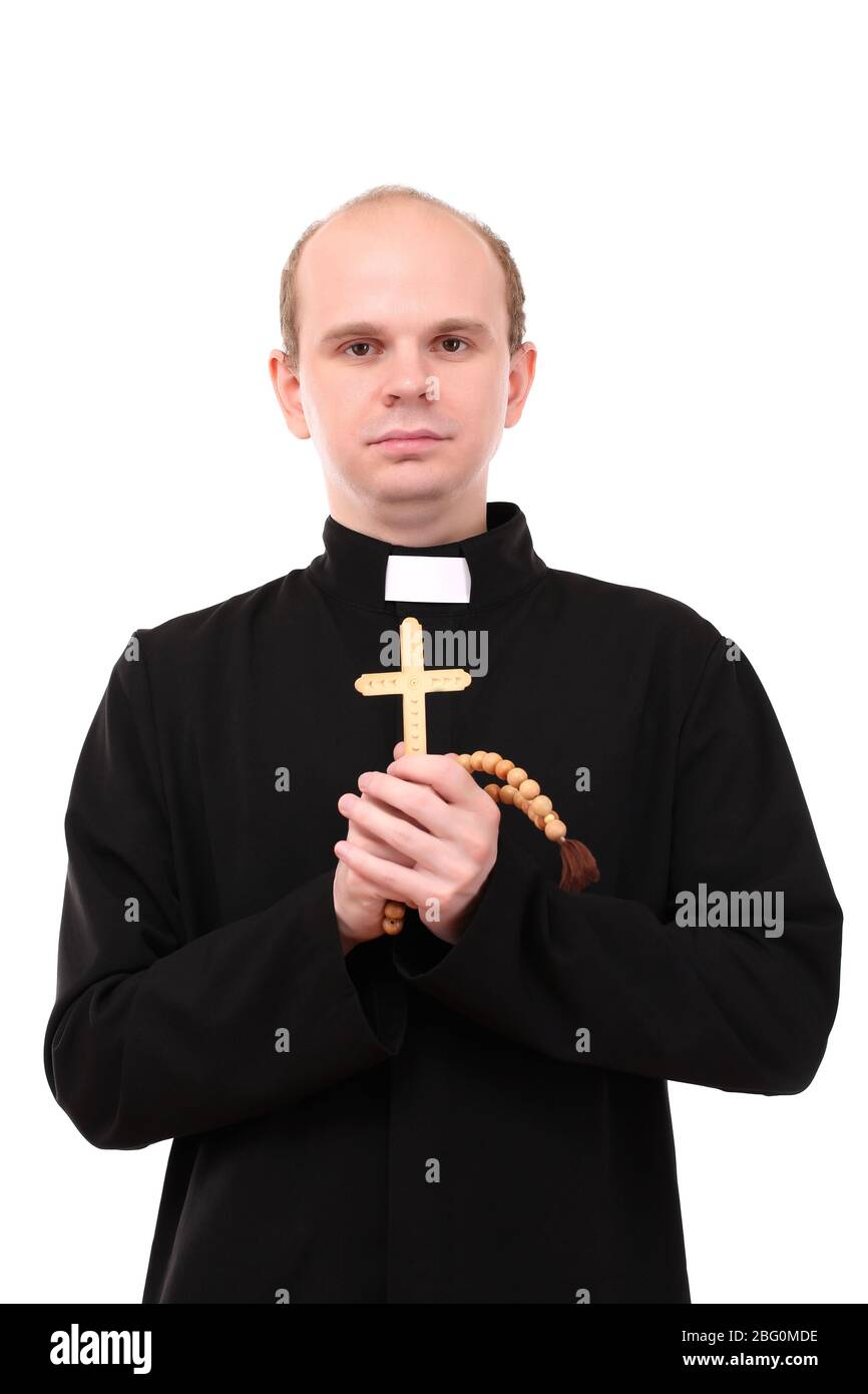 Young pastor with wooden cross and rosary, isolated on white Stock ...