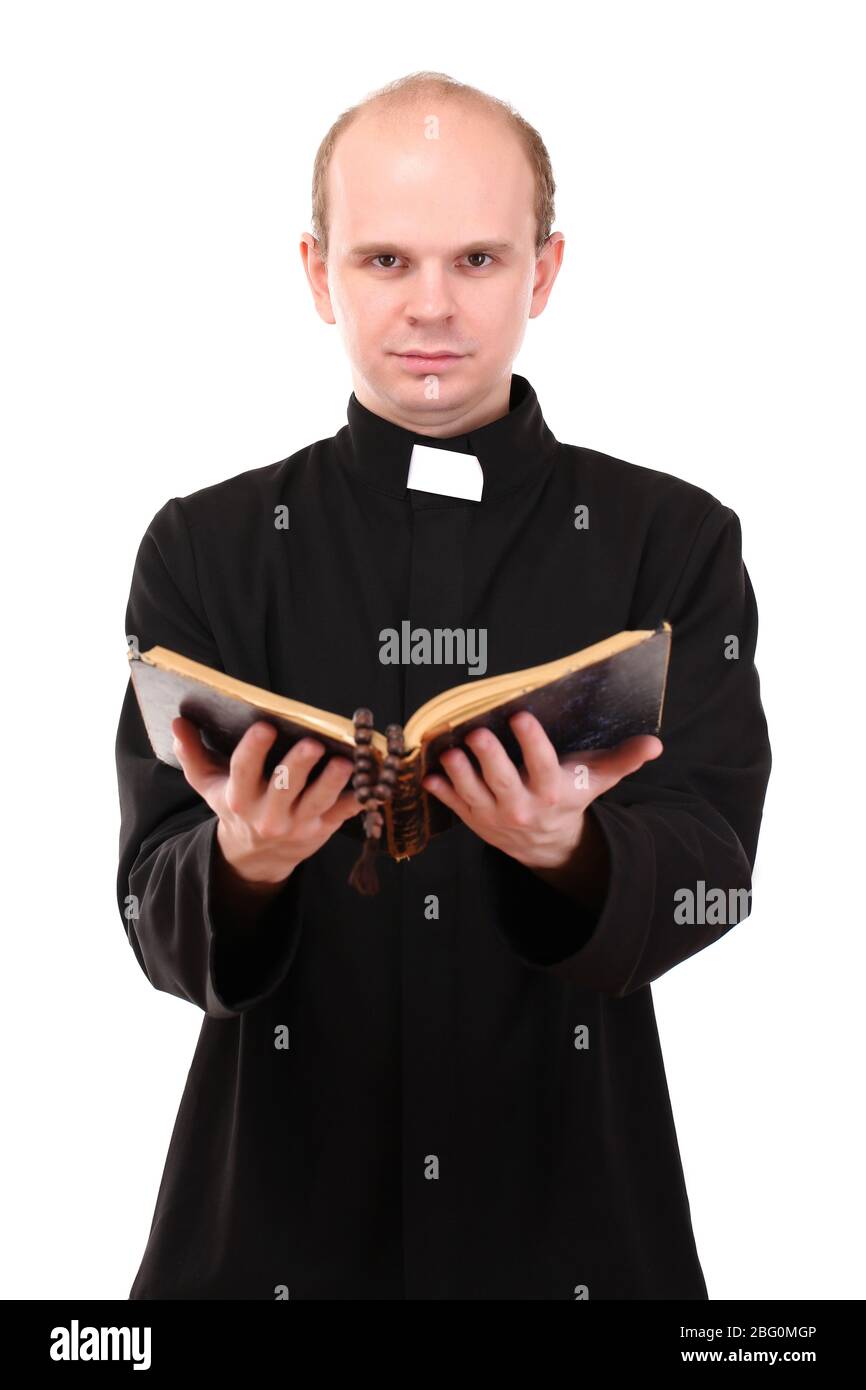 Young pastor with Bible, isolated on white Stock Photo - Alamy