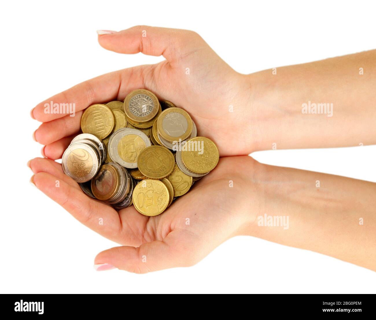 Woman hands with coins isolated on white Stock Photo - Alamy