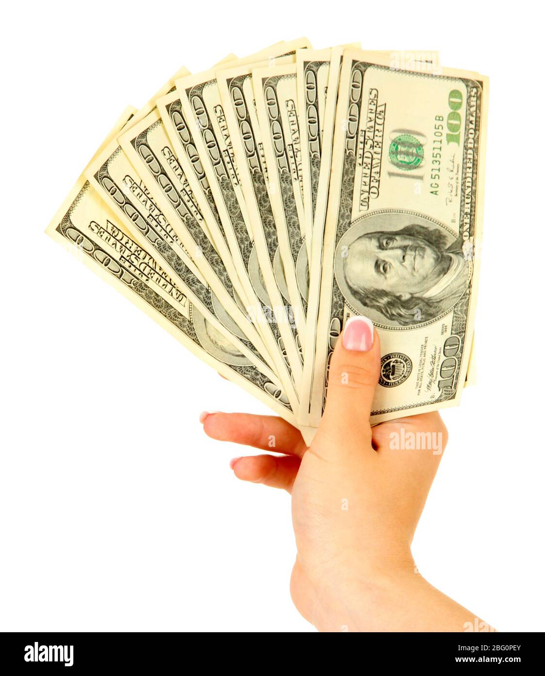 Female hand with dollars, close up, isolated on white Stock Photo - Alamy