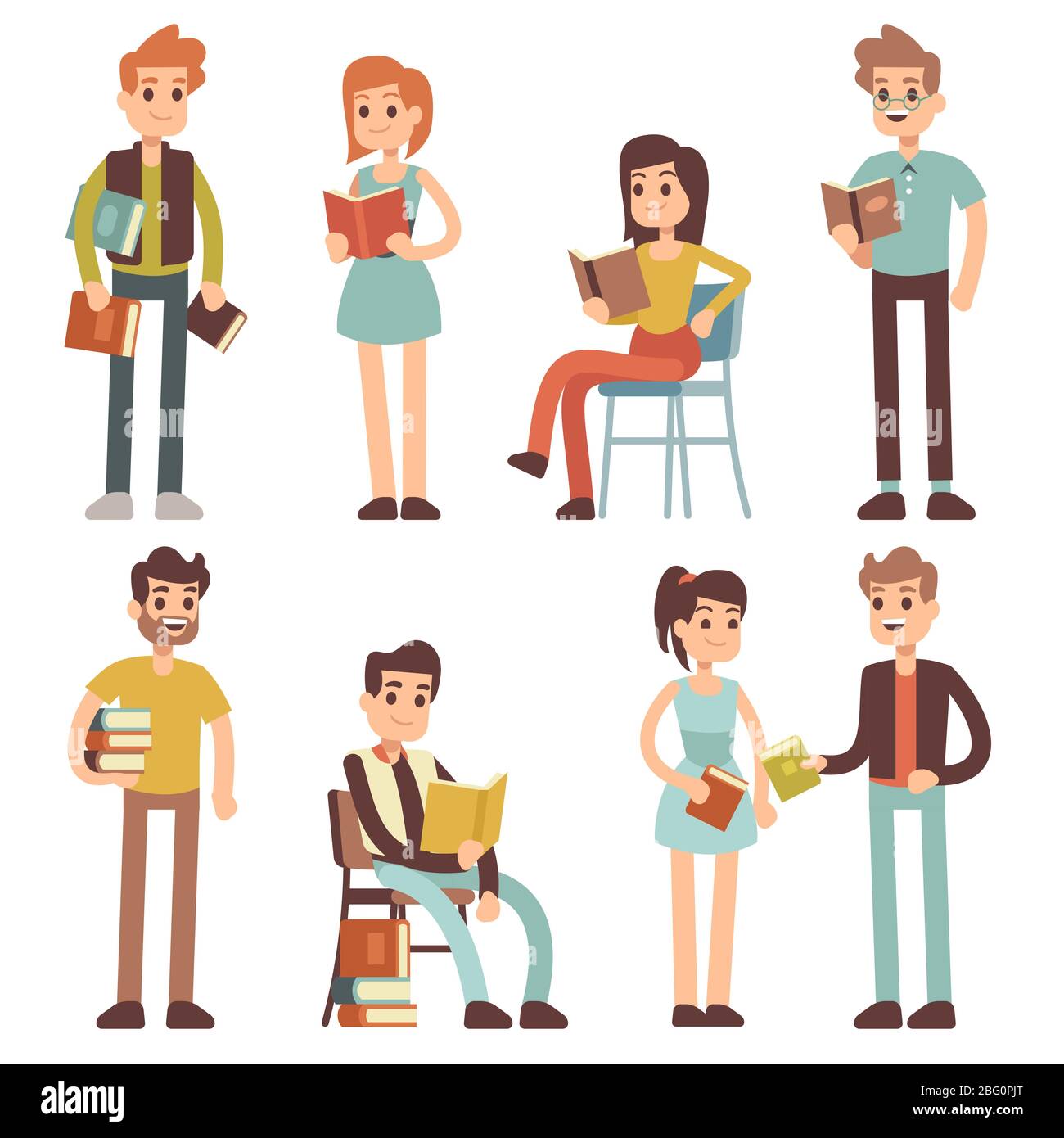 Women and men reading books. People readers vector characters set ...