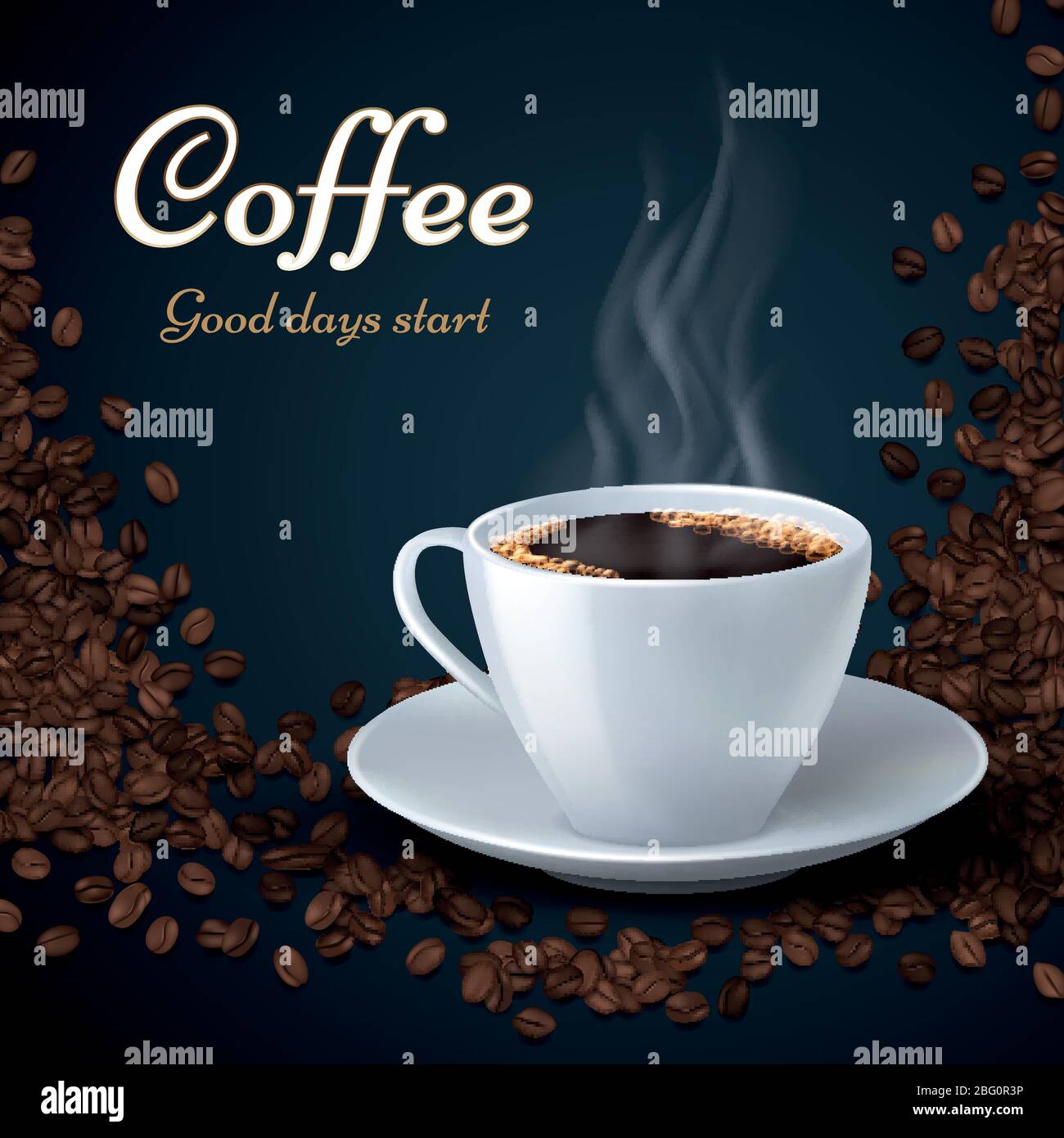 Aroma coffee beans and cup of hot coffee. Product ads vector background ...