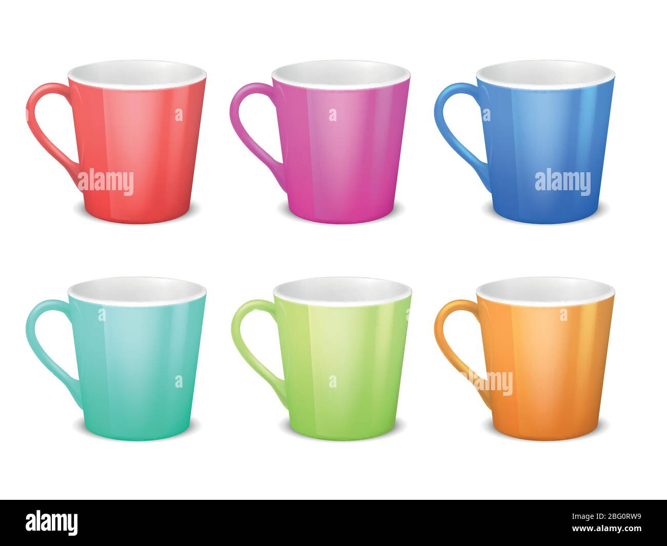 Colorful 3d mugs, empty coffee ceramic cup isolated vector collection ...