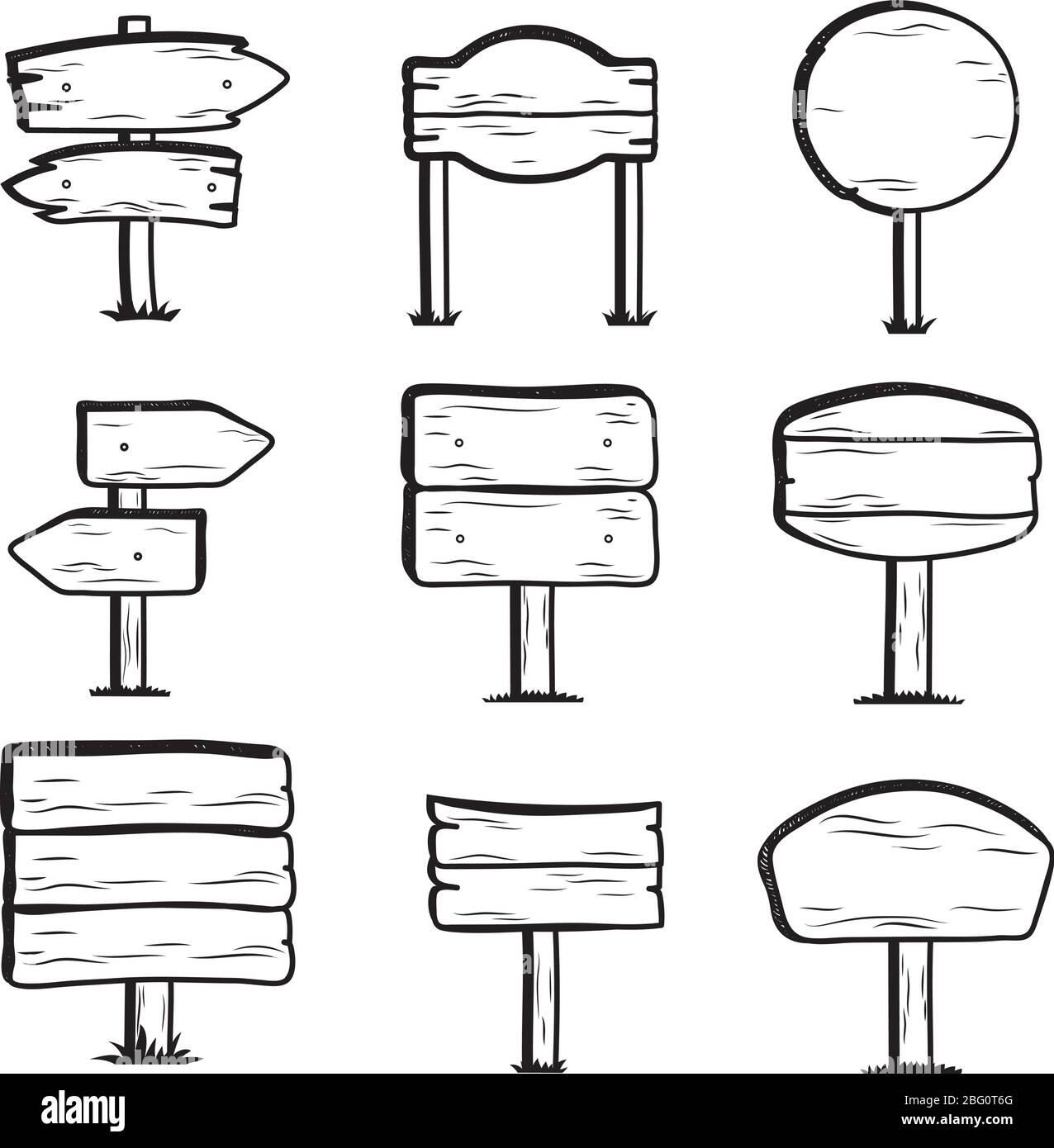 Doodle wood road signs. Hand drawn vector direction sign collection ...