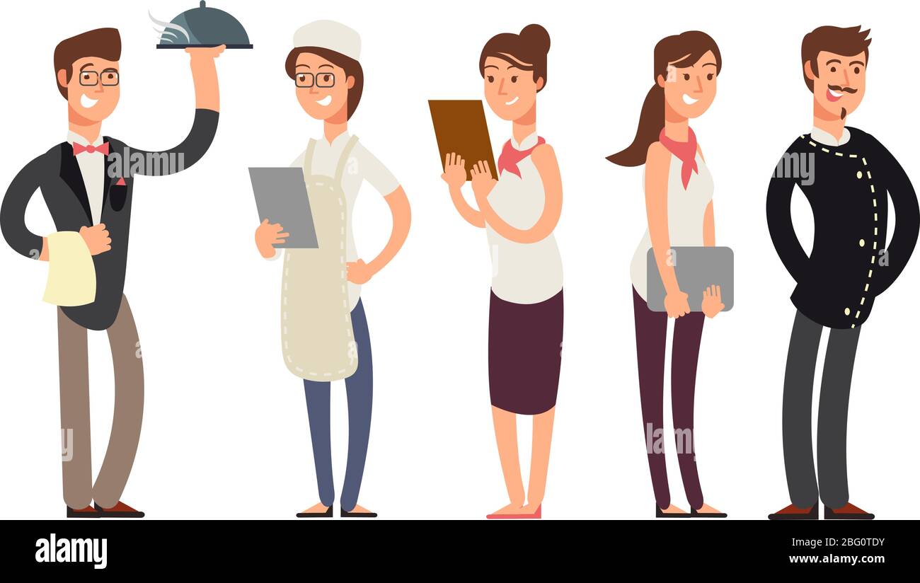 Chefs, sommelier and waitress cartoon characters. Restaurant kitchen ...